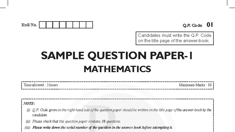 Sample Paper 01: Mathematics Q.P. Code 01 - Complete Guide - Studocu