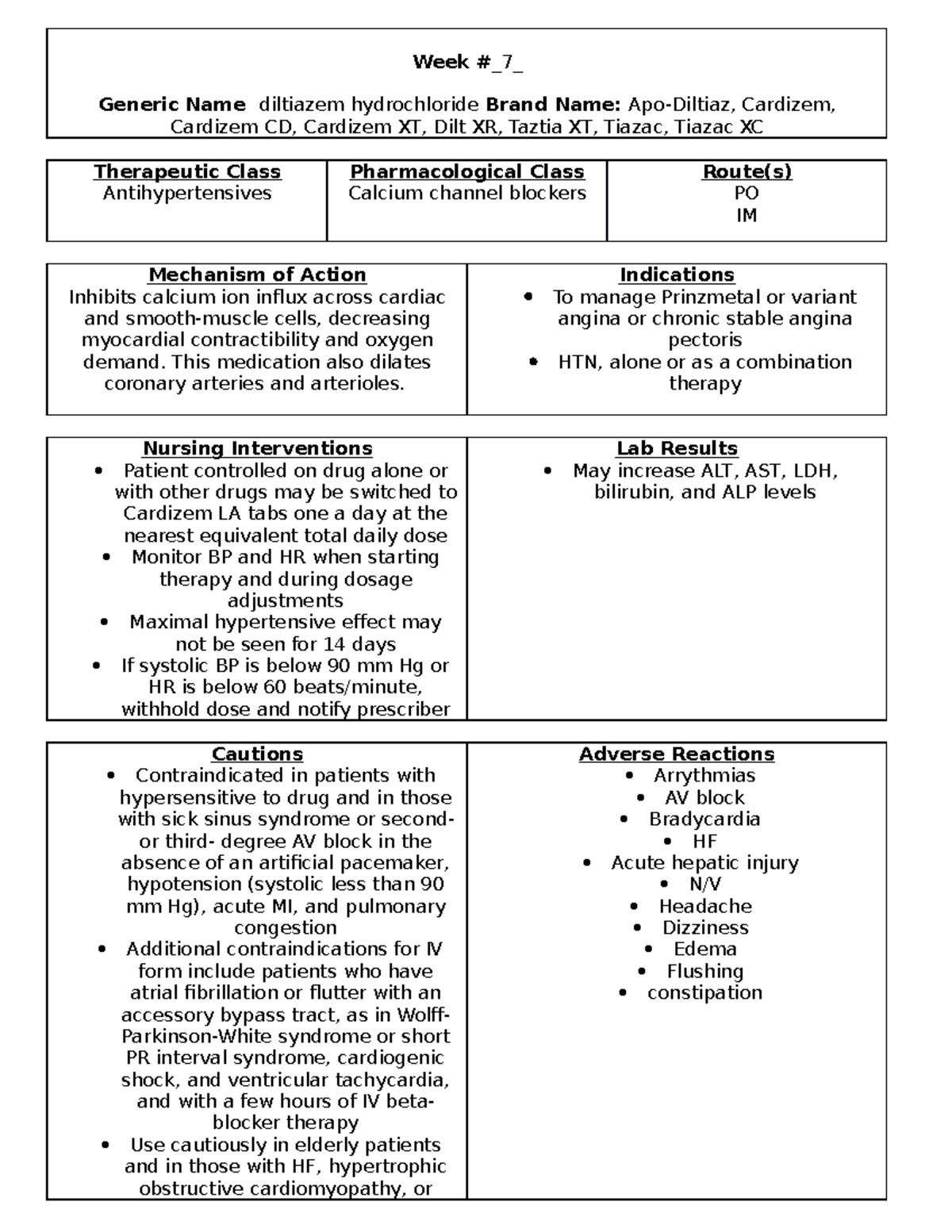 Week 7 Drug Card: Diltiazem Overview and Nursing Considerations - Studocu
