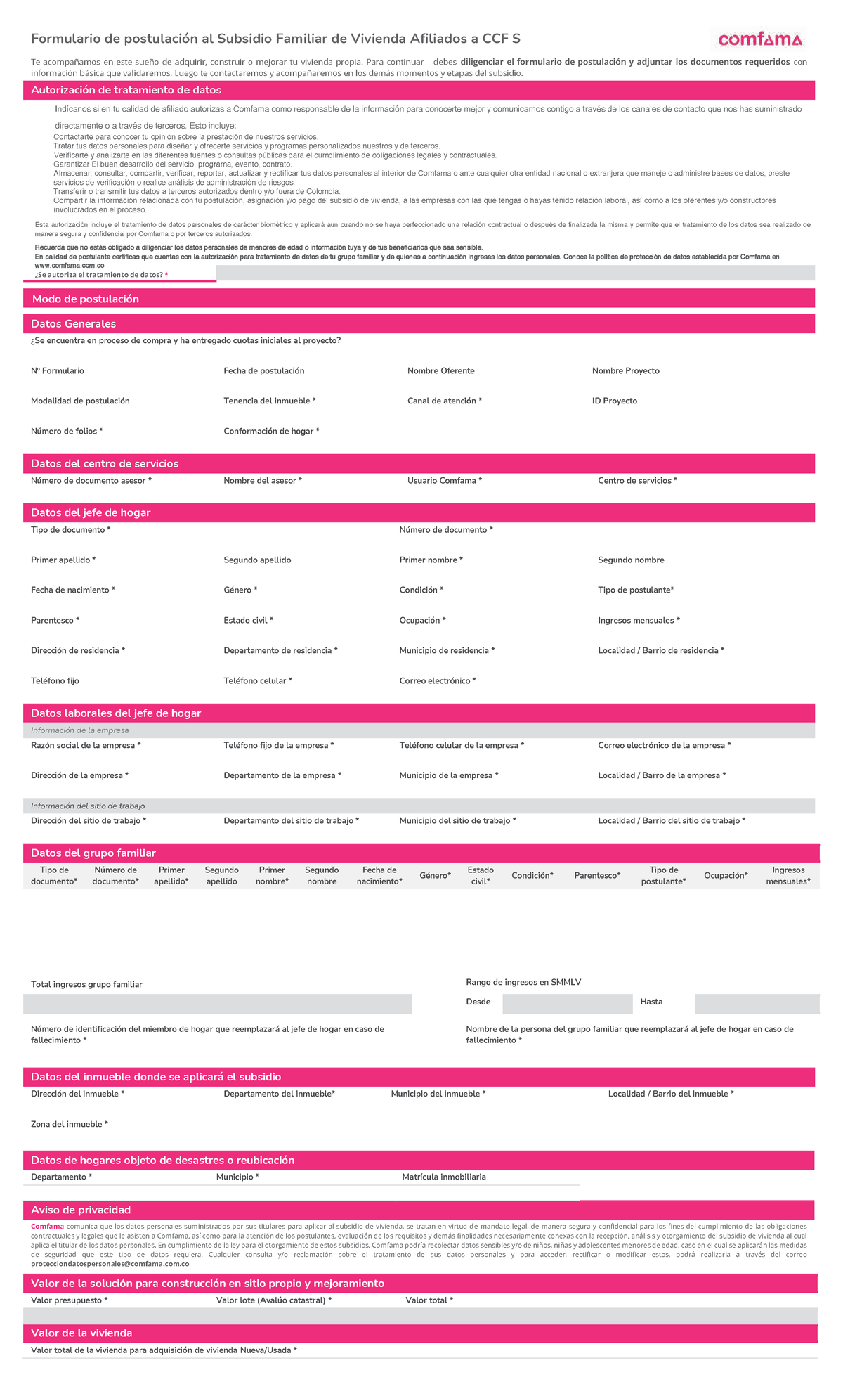 Formulario de Postulación al Subsidio Familiar de Vivienda - Comfama ...
