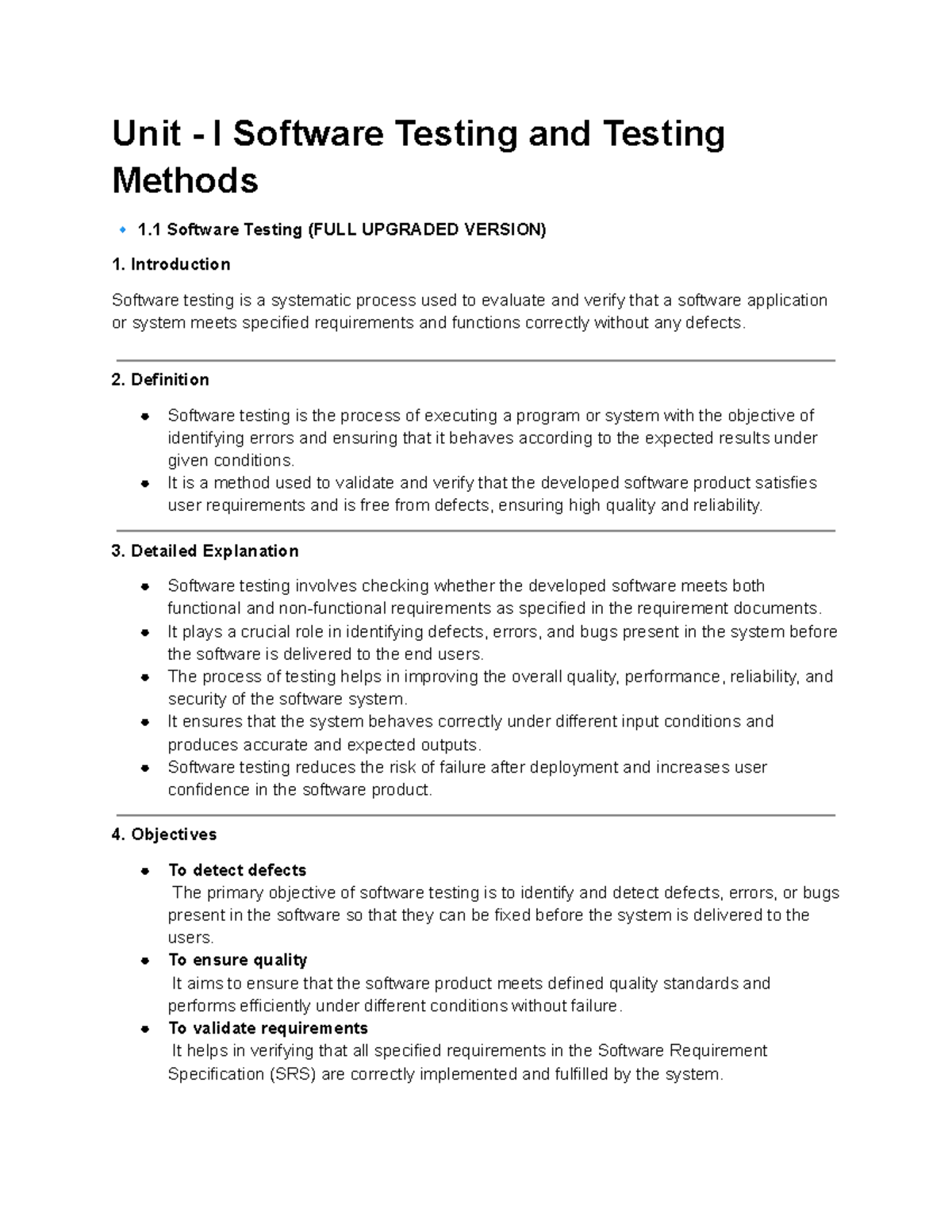 Unit I Software Testing & Methods: Comprehensive Overview - Studocu
