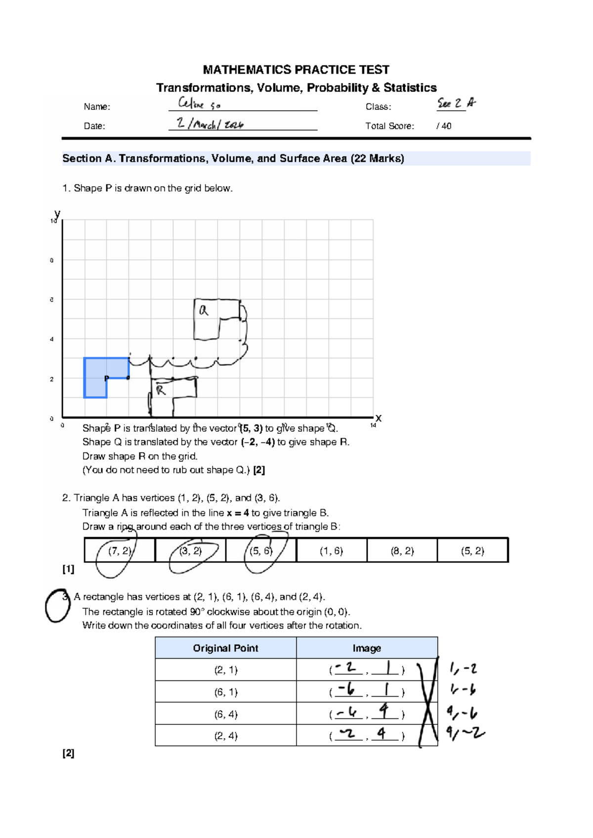 MATHEMATICS PRACTICE TEST: Transformations, Volume & Probability - Studocu