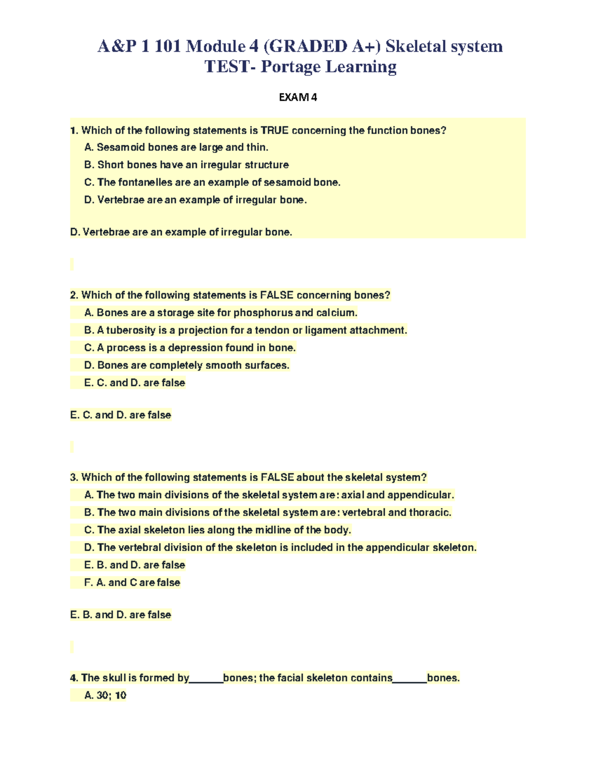 AP 1 101 Module 4 Skeletal System Practice Exam Review - Studocu