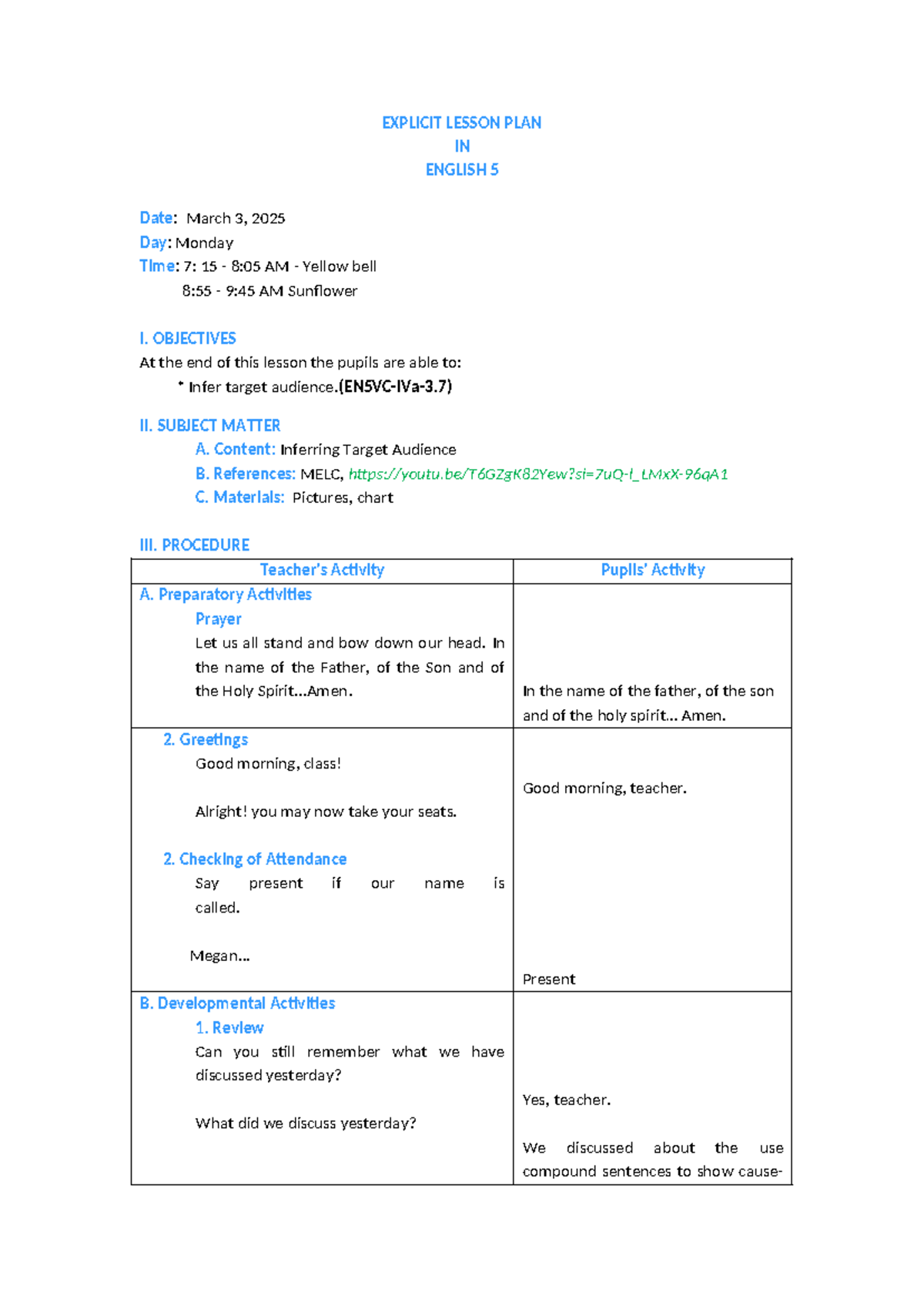 Explicit Lesson Plan: Inferring Target Audience in English 5 - Studocu