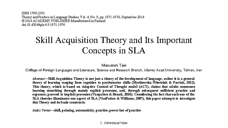 SLA Skill Acquisition Theory: Key Concepts and Implications - Studocu