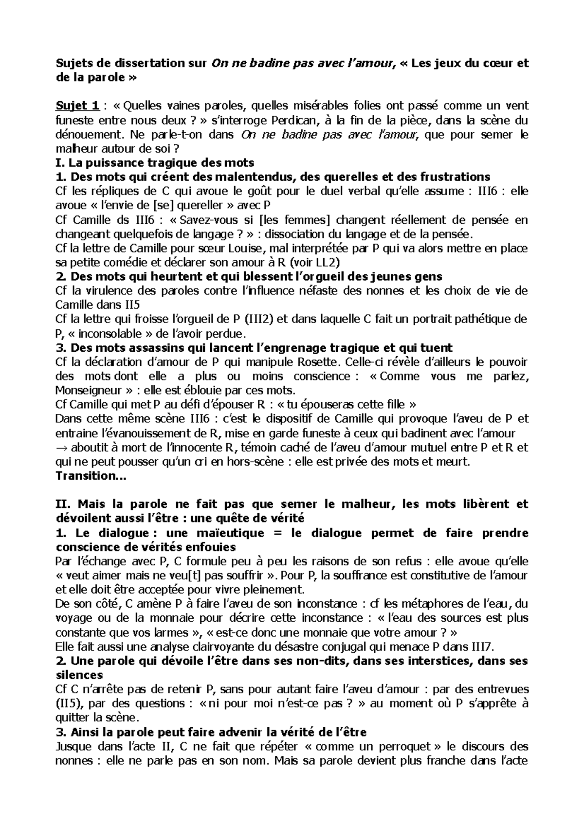 Sujets de Dissertation et Plans sur "On ne badine pas avec" - Musset ...
