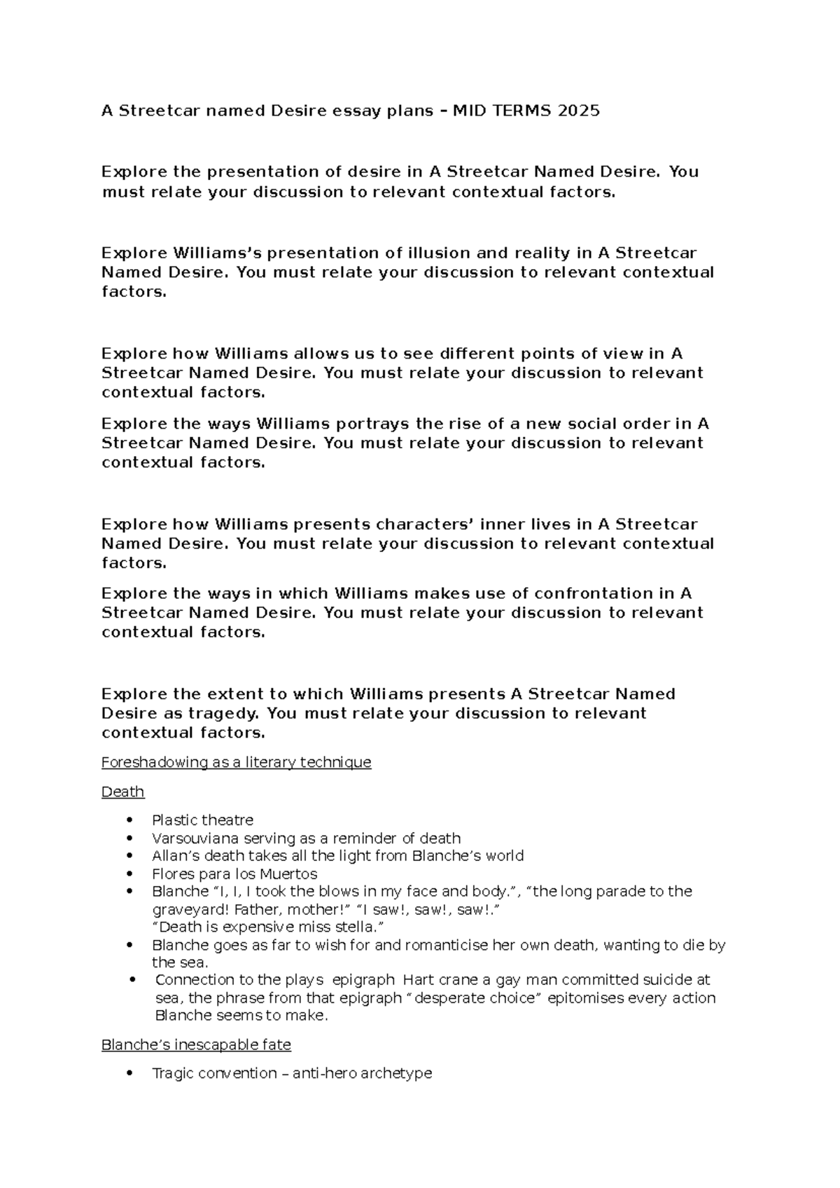 A Streetcar Named Desire Essay Plans - MID TERMS 2025 Analysis - Studocu