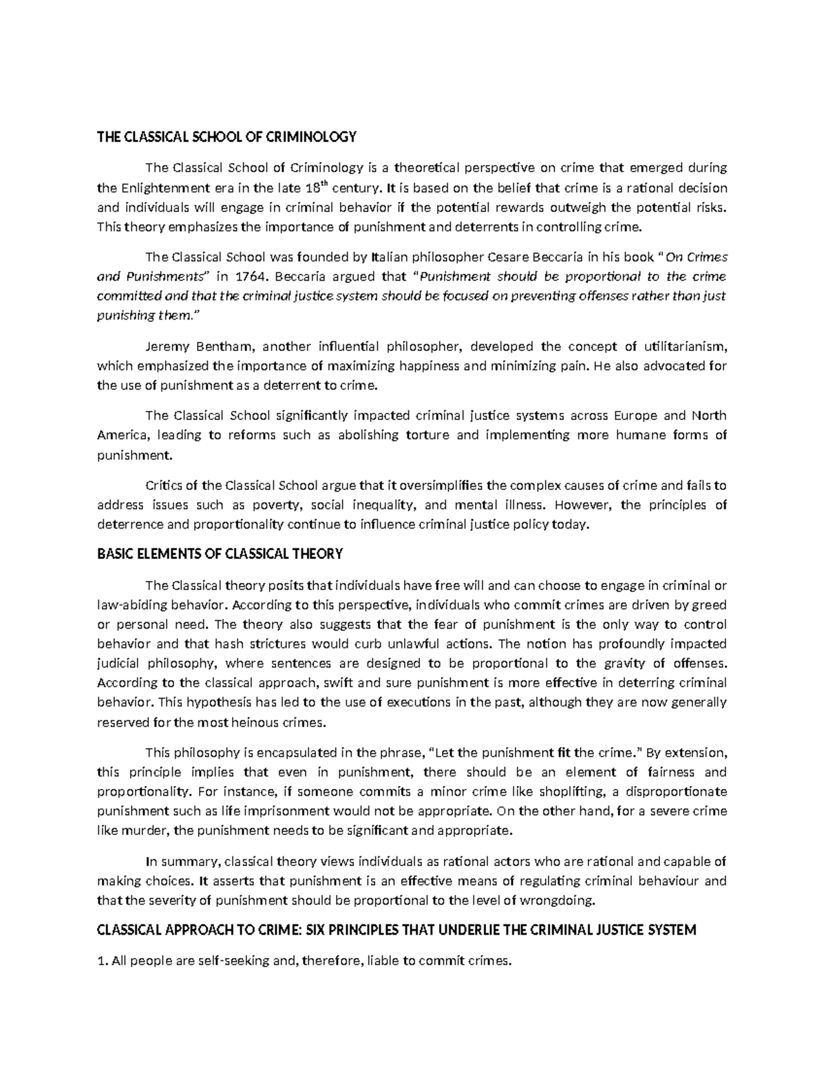 Classical School of Criminology: Key Theories & Critiques - Studocu