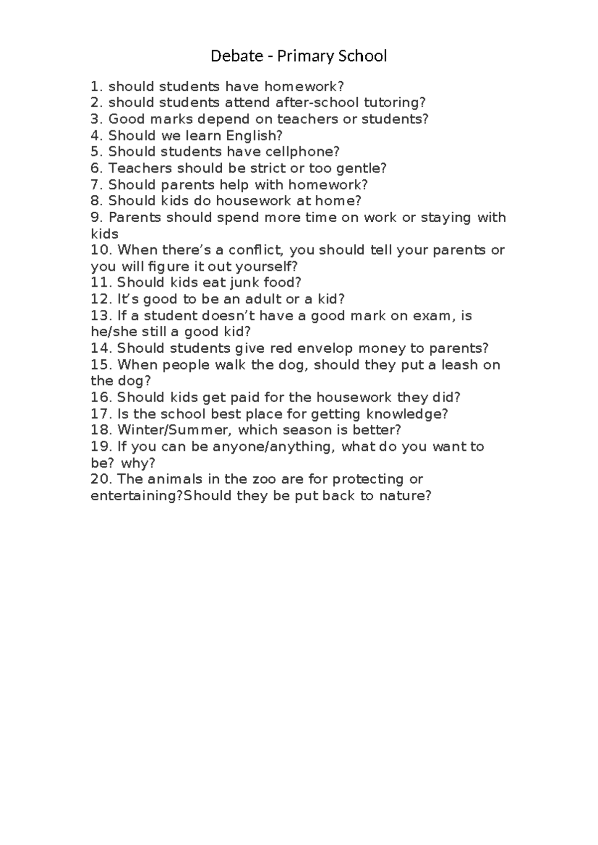 Debate Topics for Primary School: Homework, Tutoring, and More - Studocu