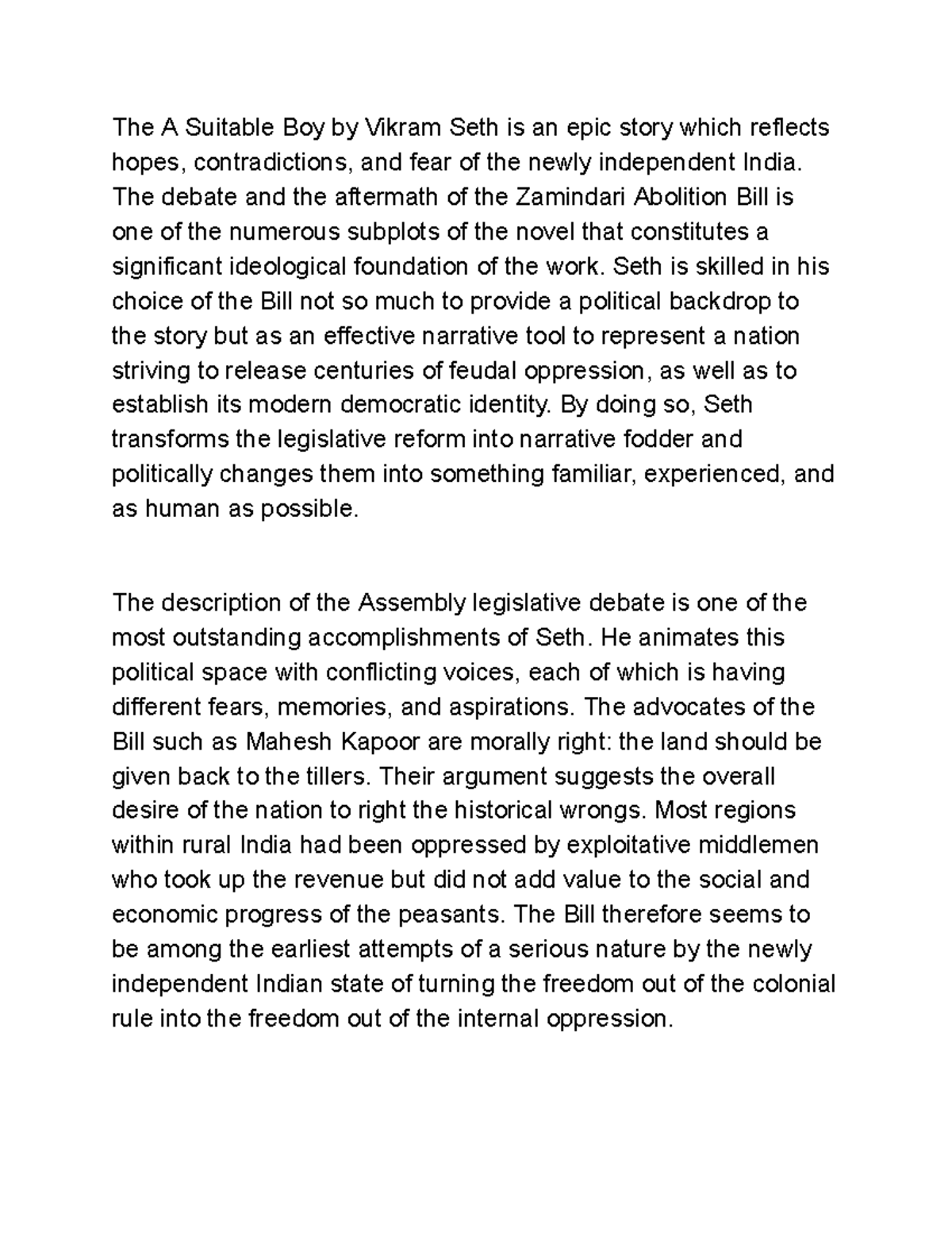 Indian English Literature Assignment: Analyzing "A Suitable Boy" by ...