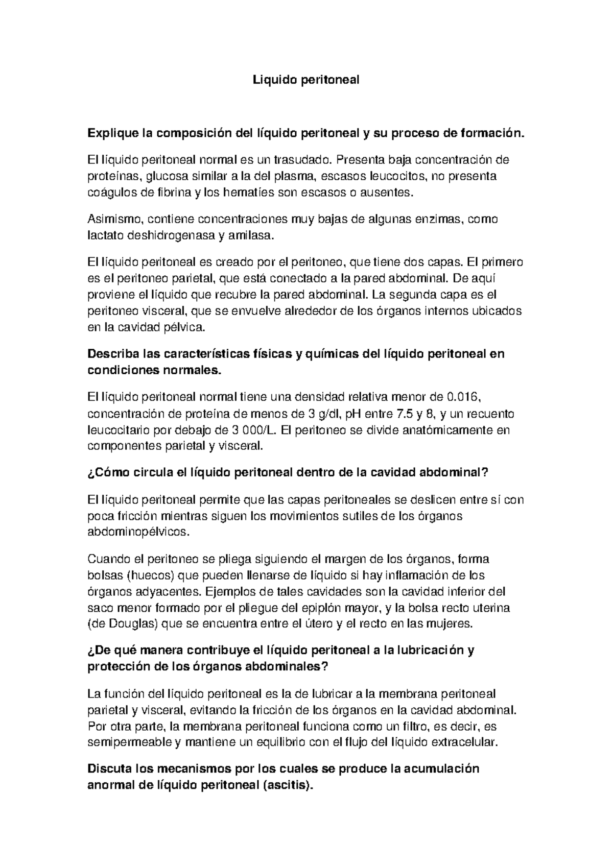 Composición y Función del Líquido Peritoneal: Estudio Completo - Studocu