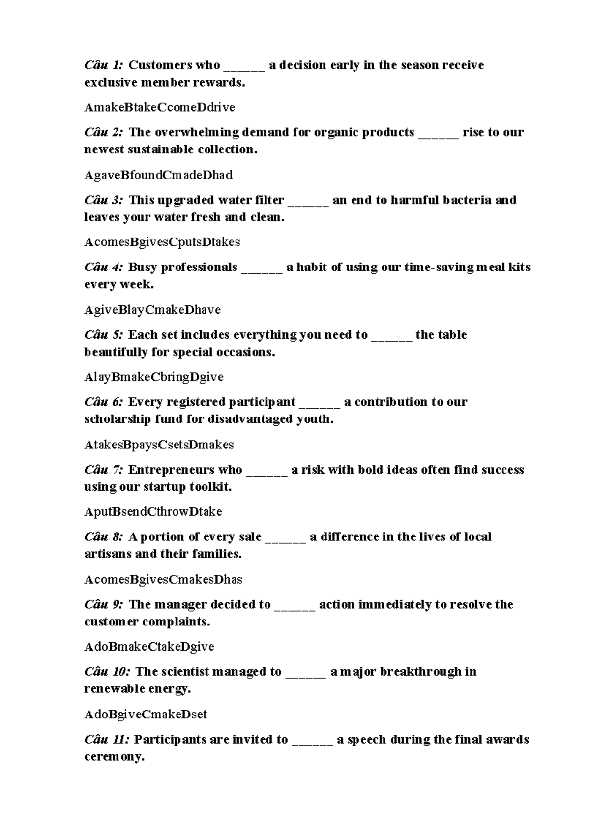 Collocation Practice Questions for English Language Learners - Studocu
