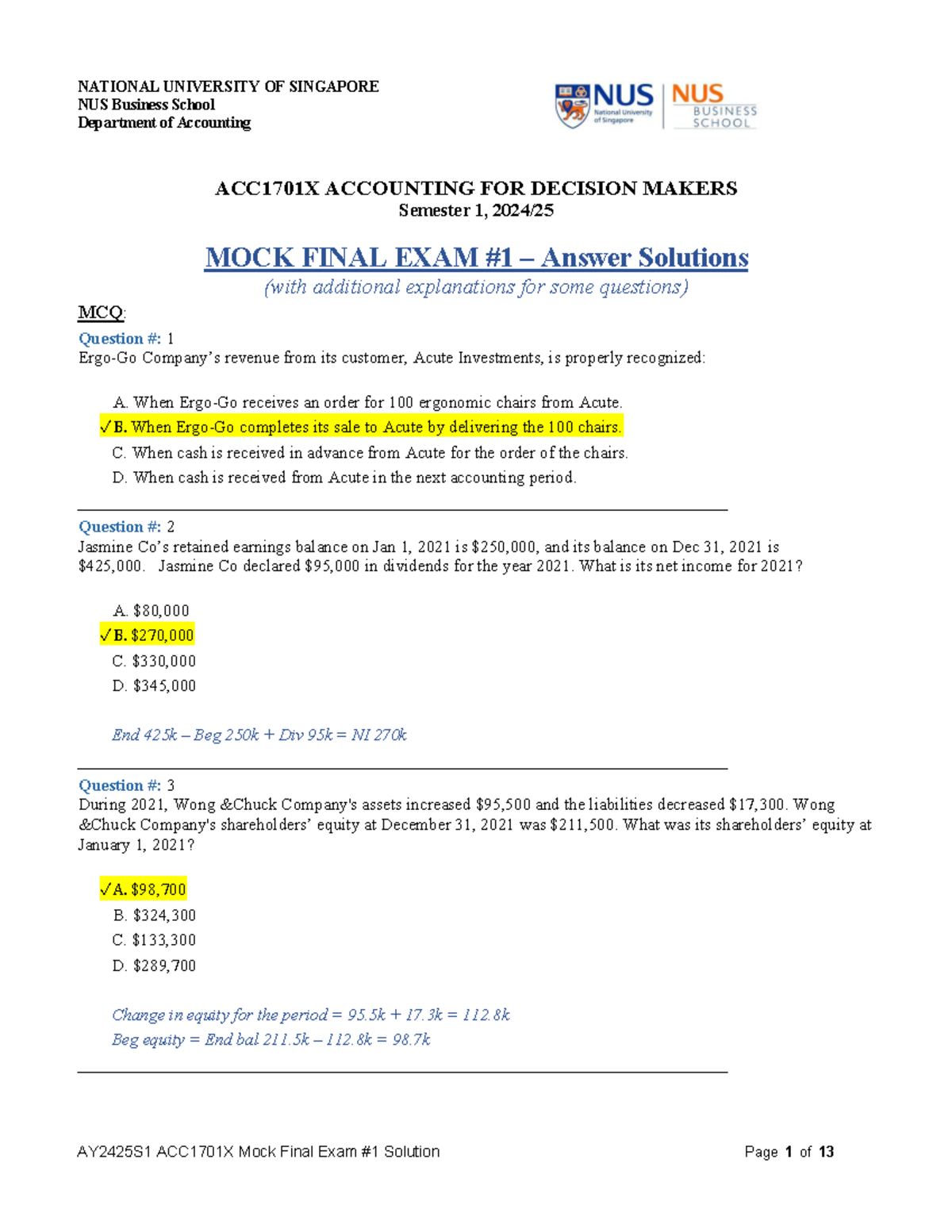 ACC1701X Mock Final Exam Solutions with Explanations - Studocu