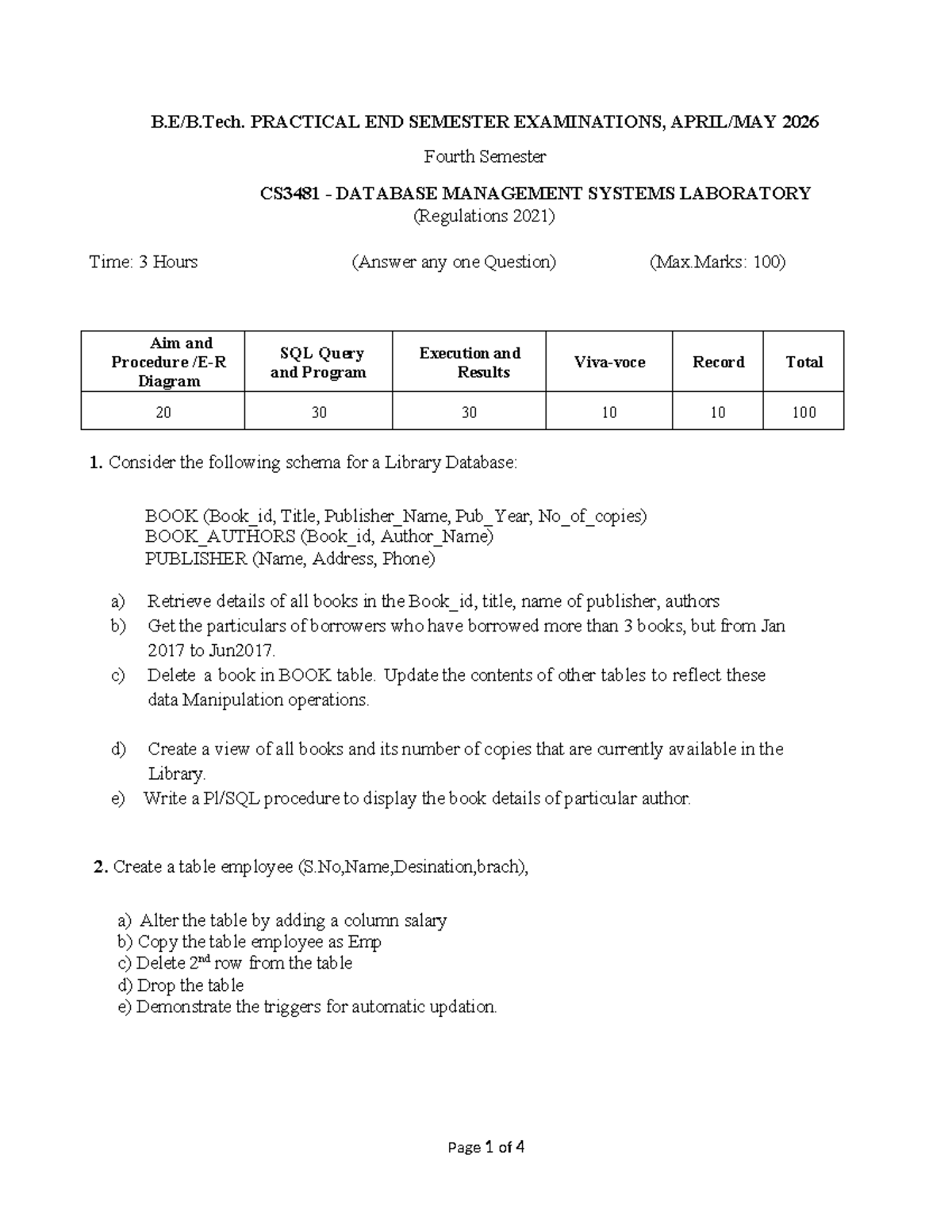 CS3481 DATABASE MANAGEMENT SYSTEMS LAB Practical Exam Questions - Studocu