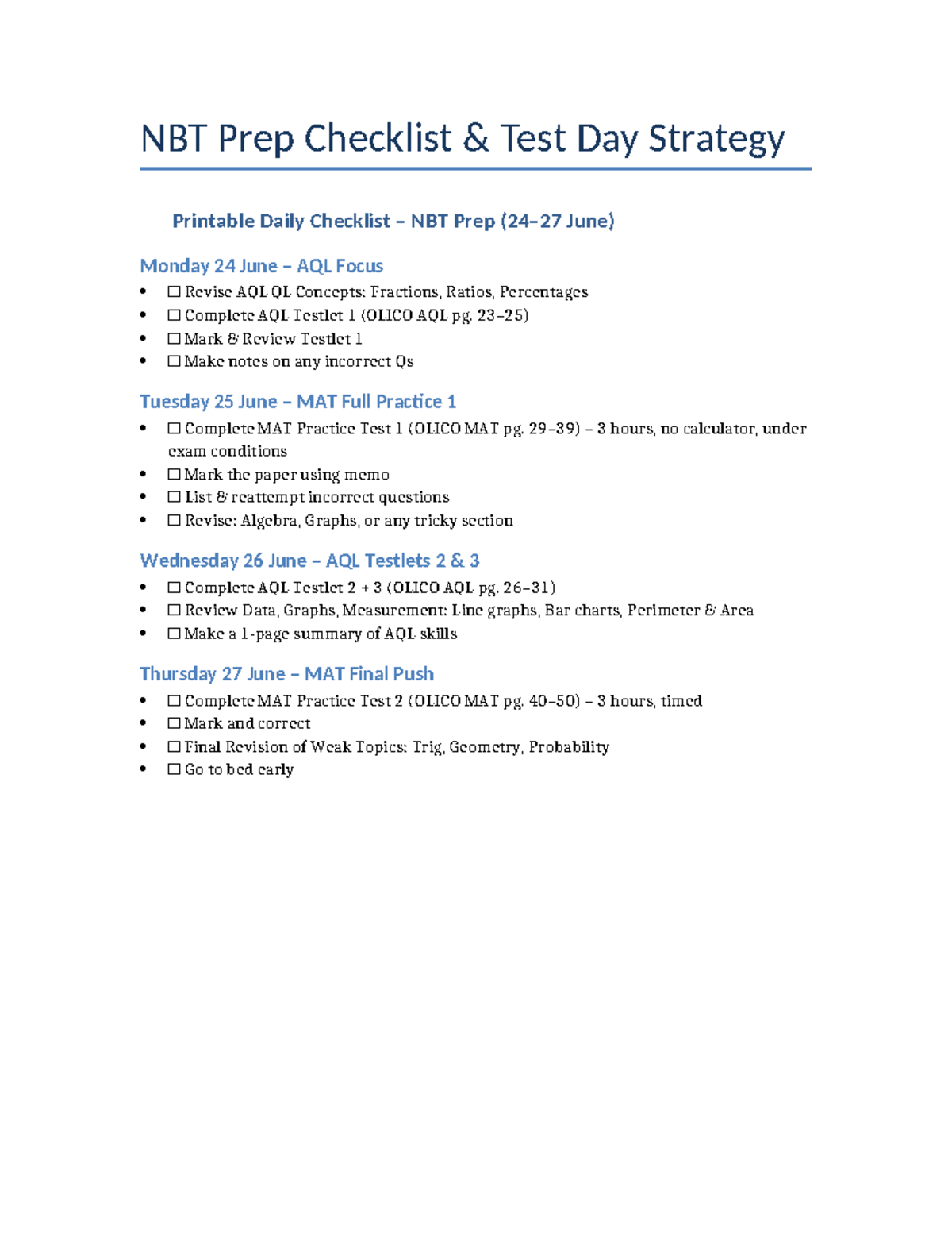 NBT Prep Checklist: Test Day Strategy & Revision Plan - Studocu