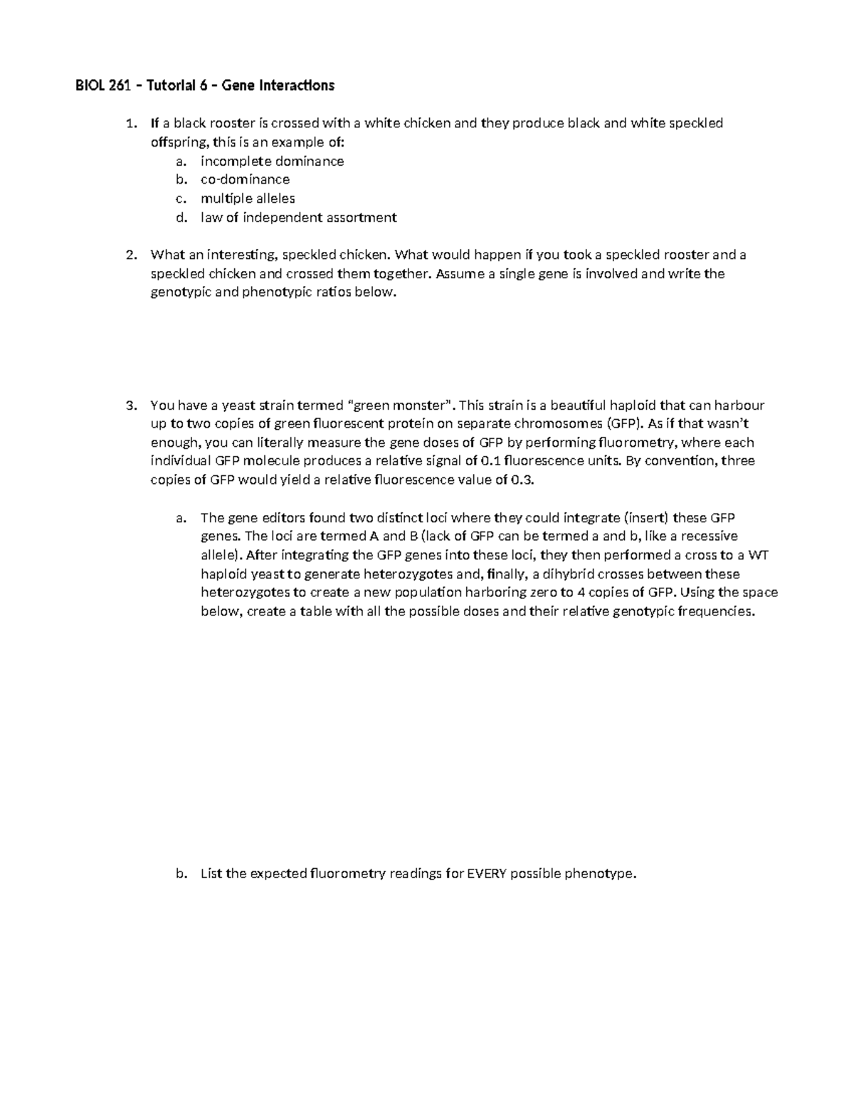 261 - Tutorial 6 Gene Interactions - BIOL 261 – Tutorial 6 – Gene ...