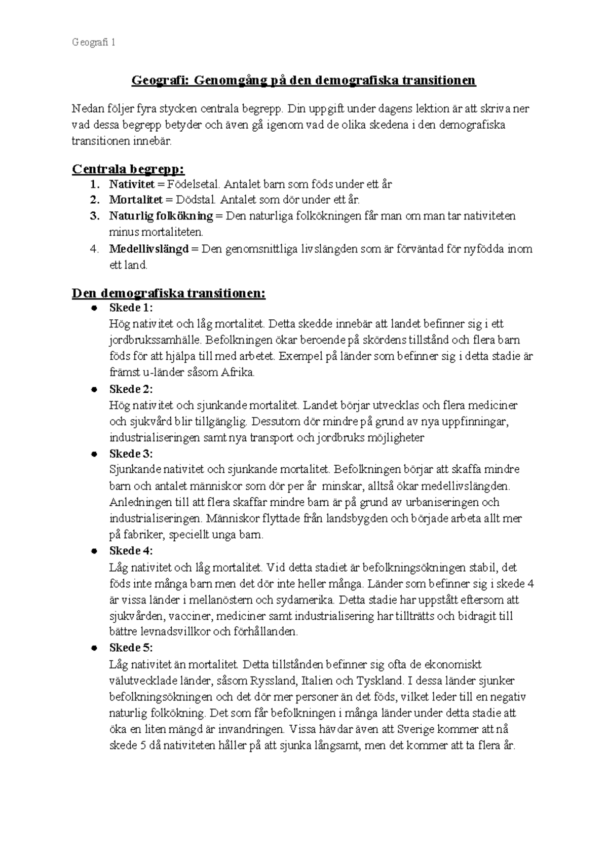 Den demografiska transitionen: Centrala begrepp och skeden - Geografi 1 ...