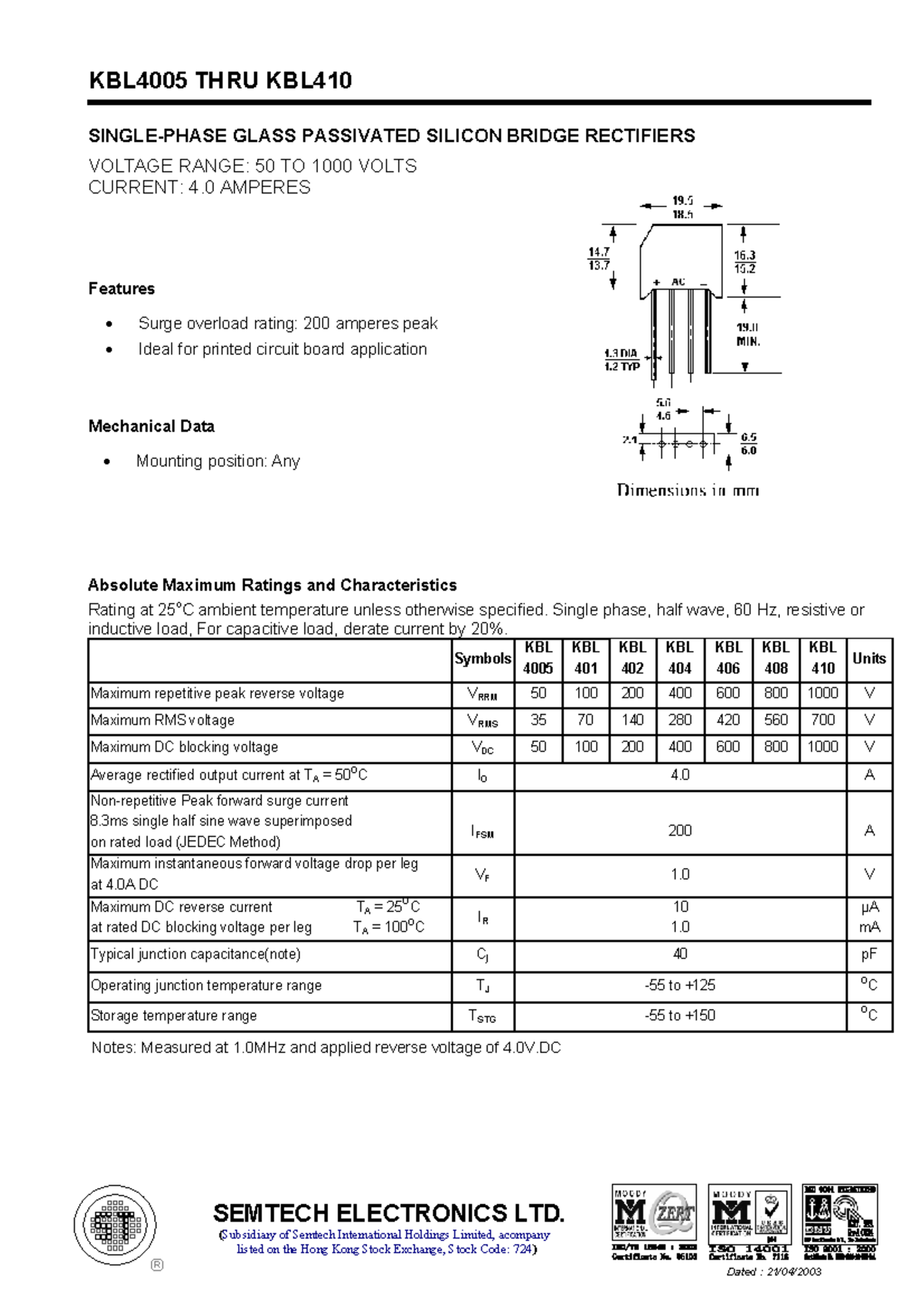 KBL4005 KBL410 Glass Passivated Silicon Bridge Rectifiers Specs - Studocu