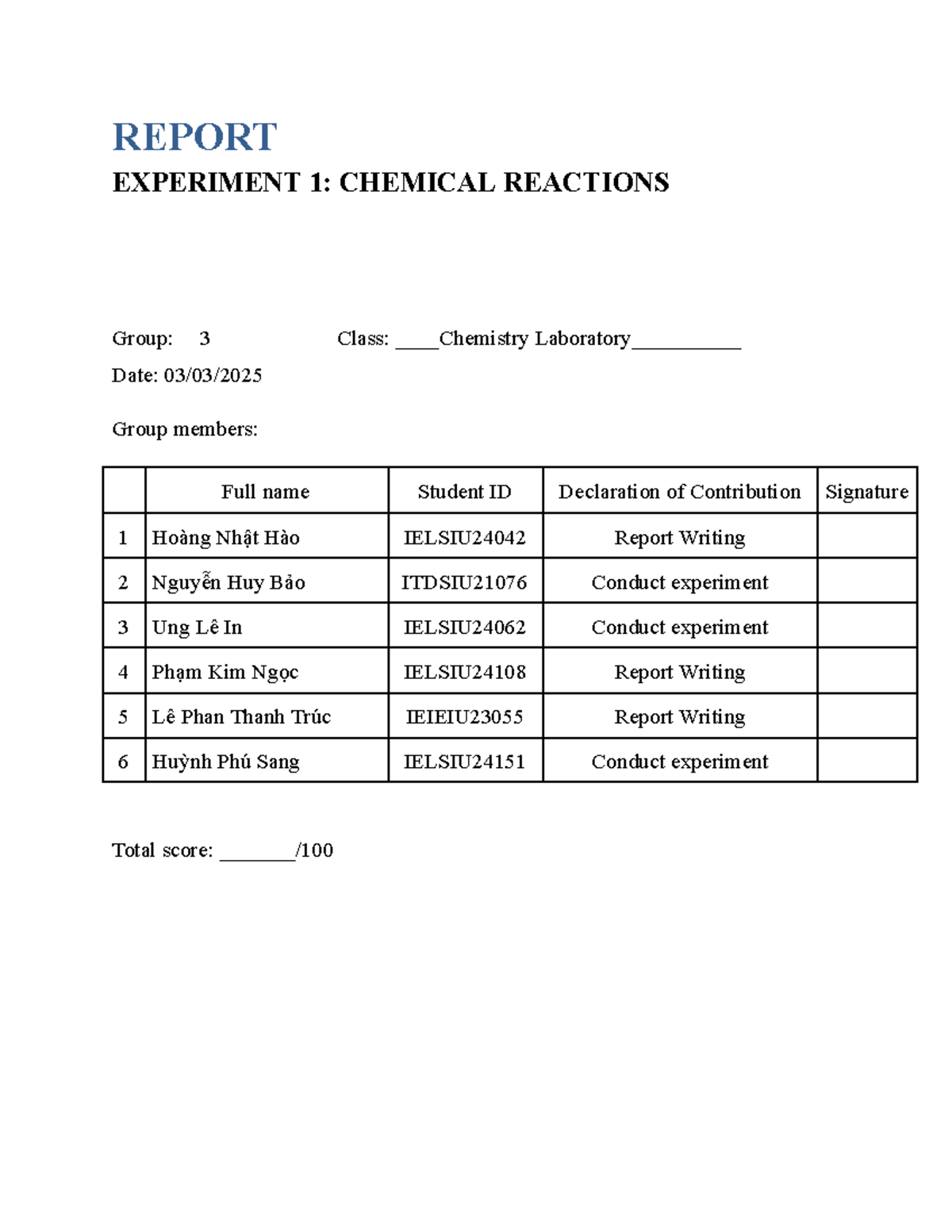 Chemical Reactions Report: Experiment 1 - Group 3 Analysis - Studocu