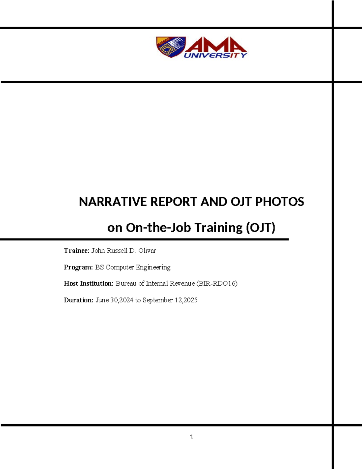 OJT Narrative Report: Experience at BIR for BS Comp Eng Students - Studocu