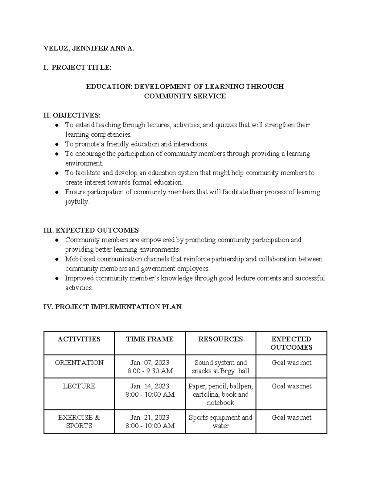 VELUZ-PROPOSAL: Community Service Learning Development Plan - Studocu