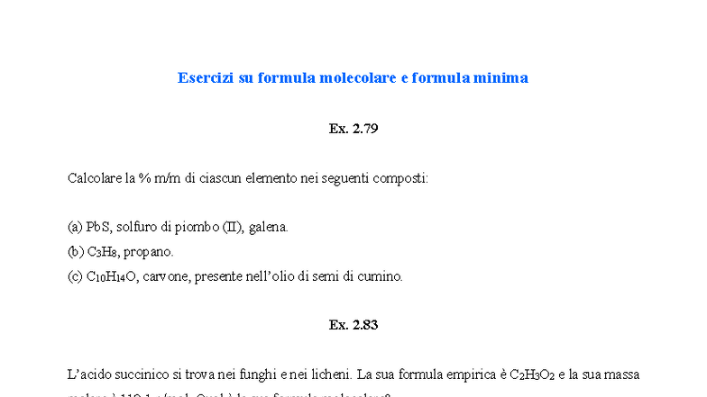 Esercizi di Bilanciamento e Formula Molecolare - Chem 101 - Studocu
