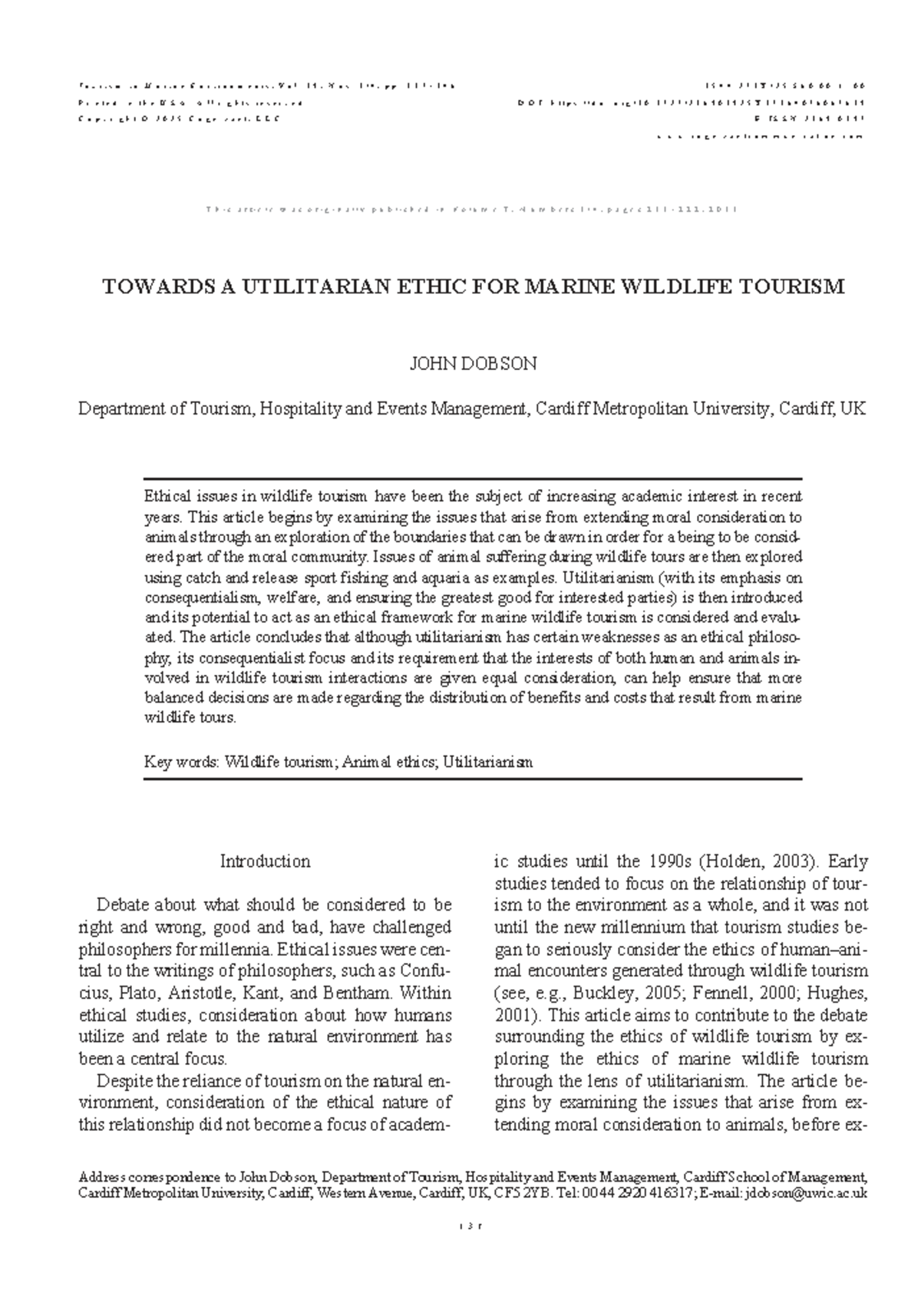 Utilitarian Ethics in Marine Wildlife Tourism: A Critical Analysis ...