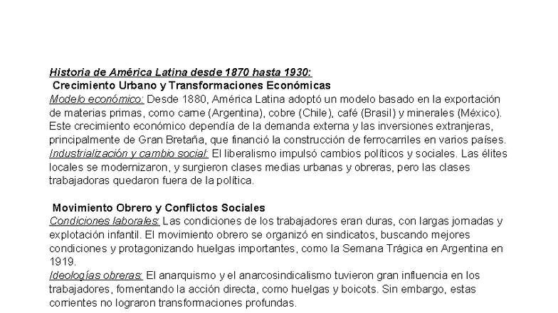 Apuntes de Historia de América Latina: Transformaciones 1870-1930 - Studocu