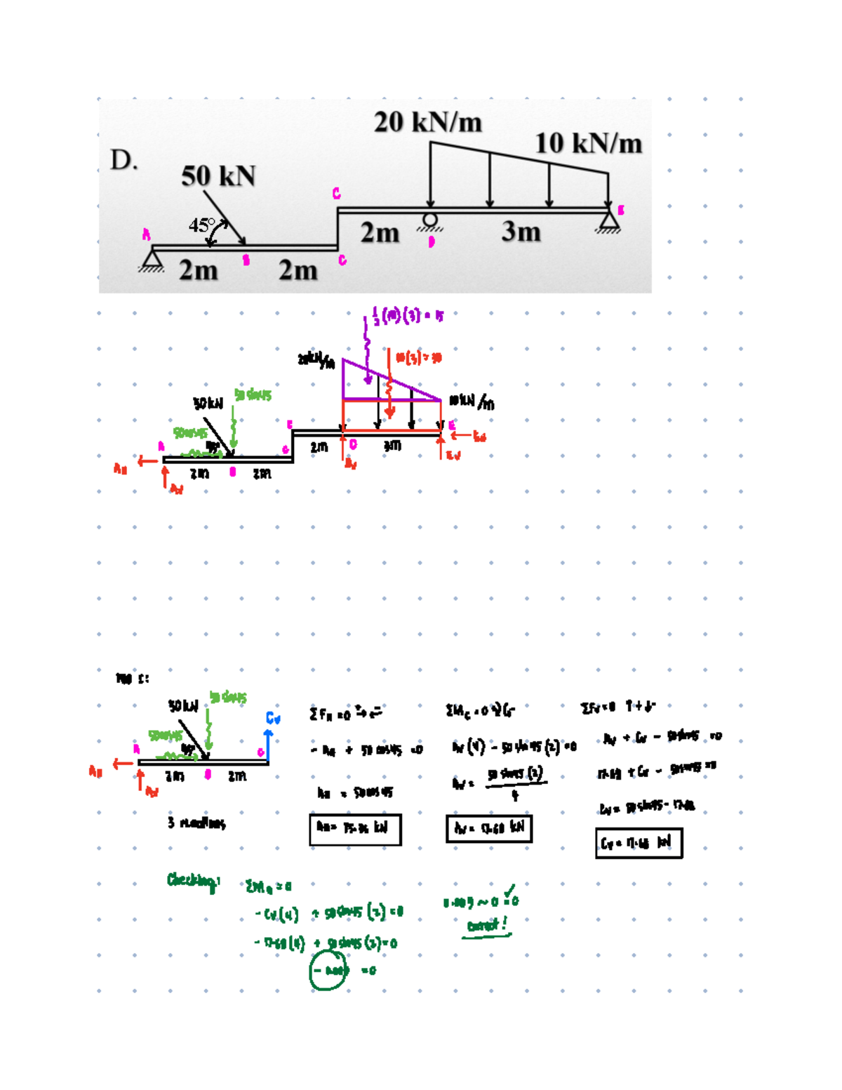 5.1 Beams Example 4 - Mechanics of deformed bodies - 20 kN/m 10 kN/m D. 50 kN C E 45% A 2m 3m 2m ...