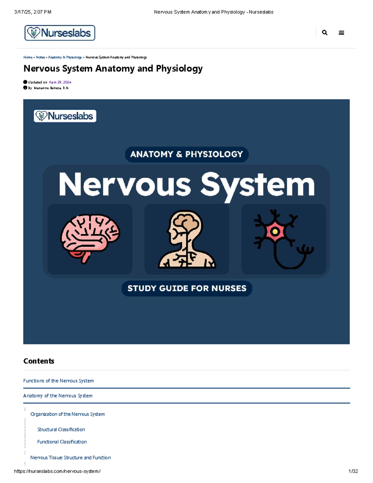 Nervous System Anatomy & Physiology Notes for Nursing Students - Studocu