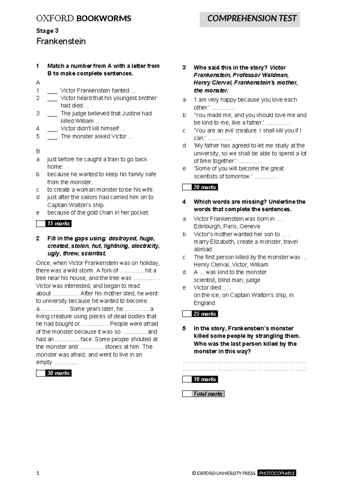 OXFORD BOOKWORMS COMPREHENSION TEST Stage 3: Frankenstein Reading ...