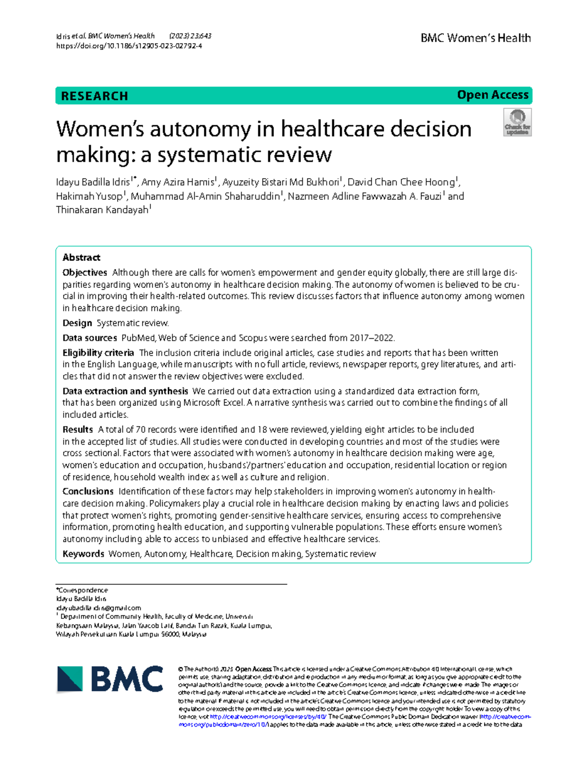 Systematic Review on Women's Autonomy in Healthcare Decision-Making ...