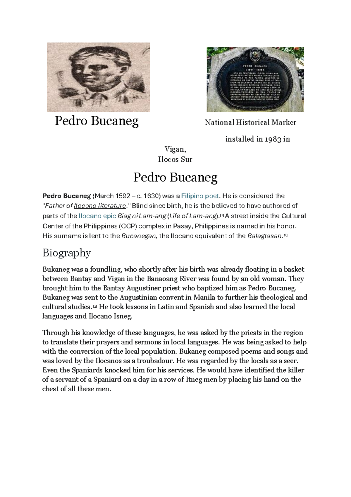 Biography of Pedro Bucaneg: Father of Ilocano Literature - Studocu