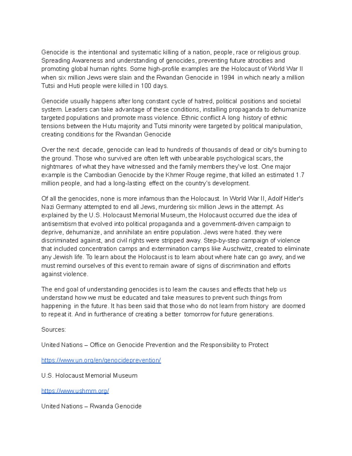 Understanding Genocides: Awareness, History, and Prevention - End of ...