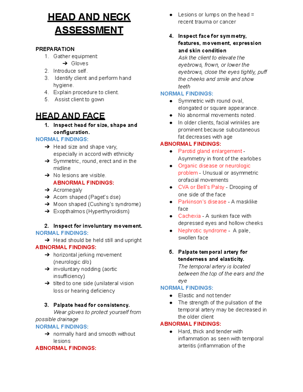 Health Assessment RLE Reviewer: Head, Neck, Skin, Eyes, Ears, Nose, and ...