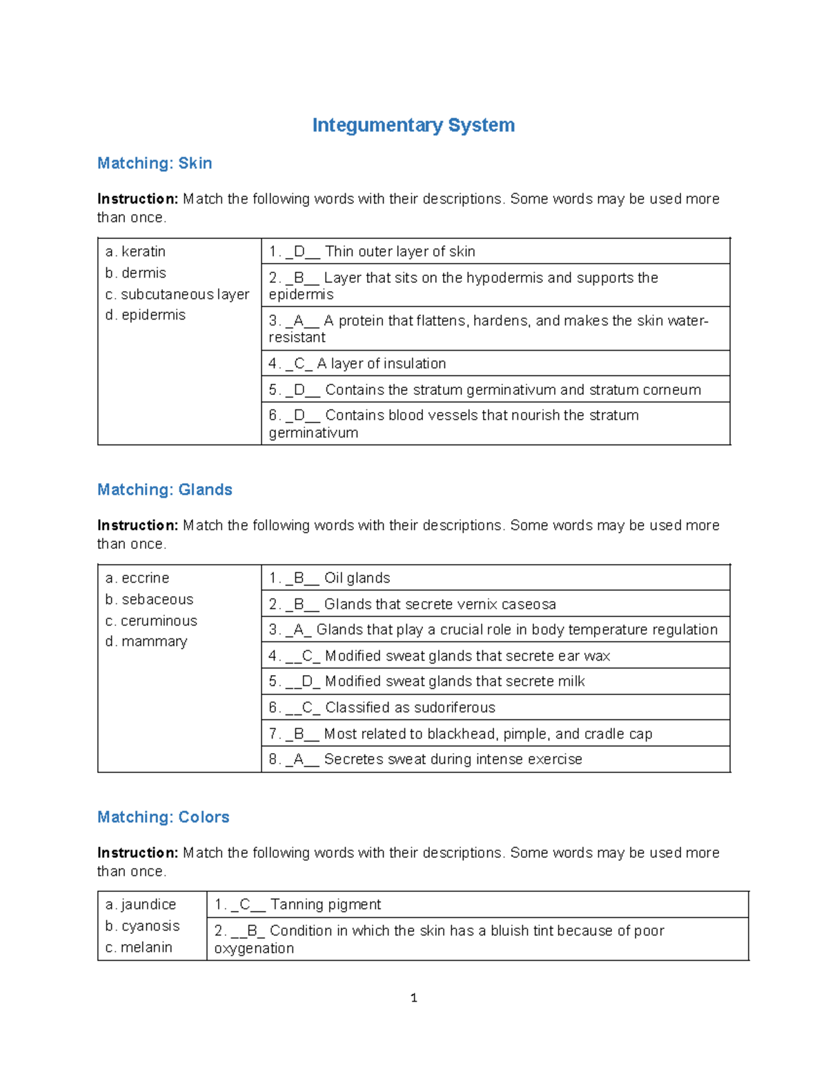 AHP106 Wk2 Integumentary & Skeletal System Matching Assignment - Studocu