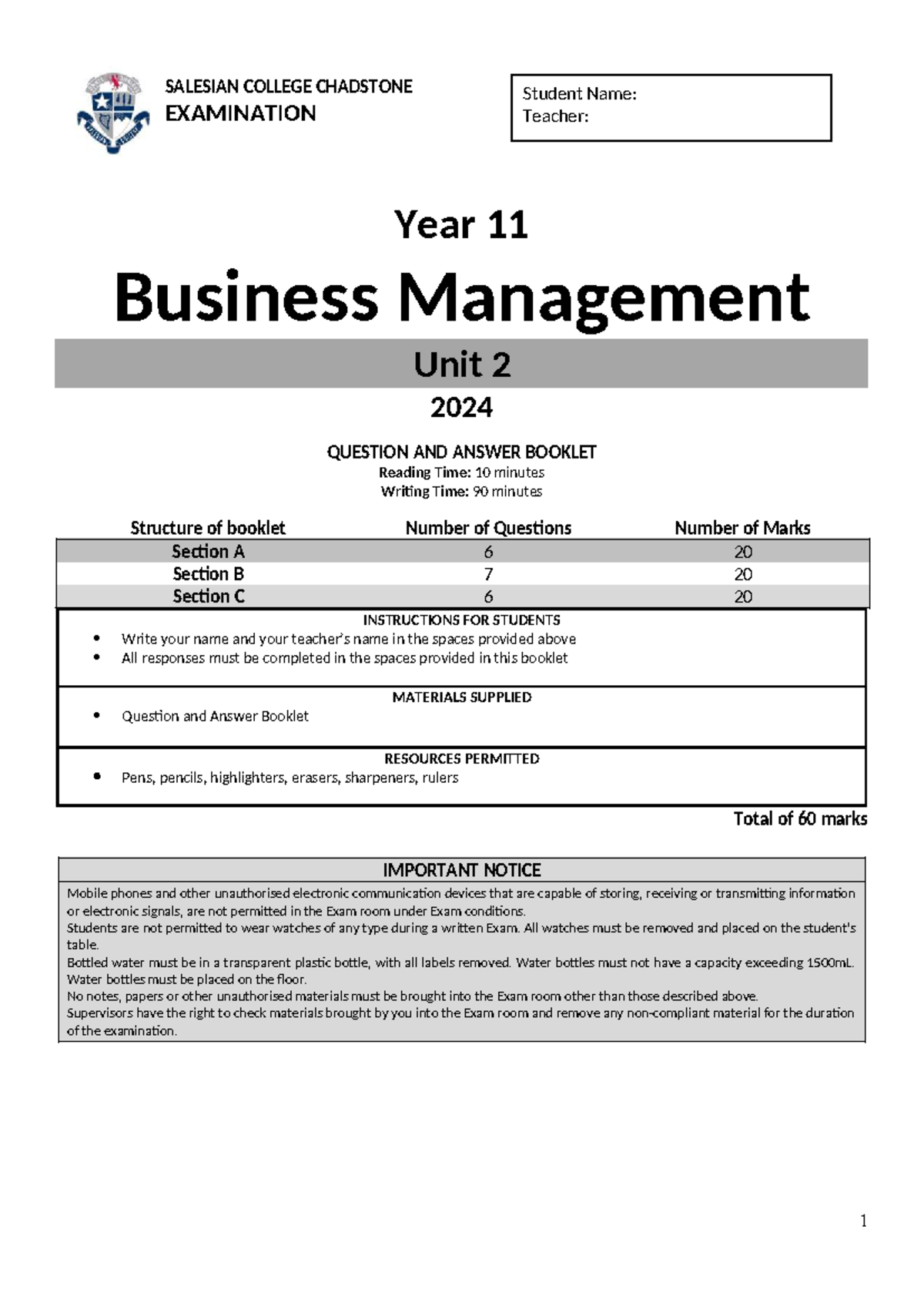 2024 Year 11 Business Management Unit 2 Exam Q&A Booklet - Studocu
