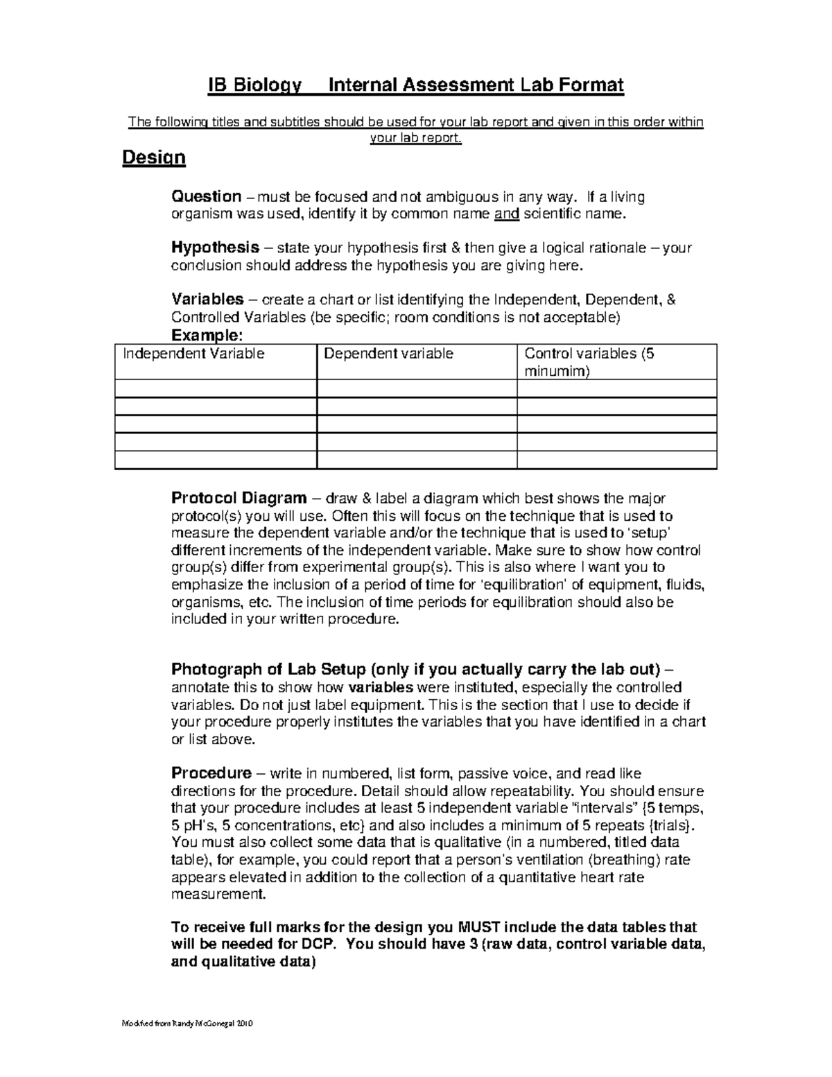 IA Lab Report Format - Modified from Randy McGonegal 2010 IB Biology ...