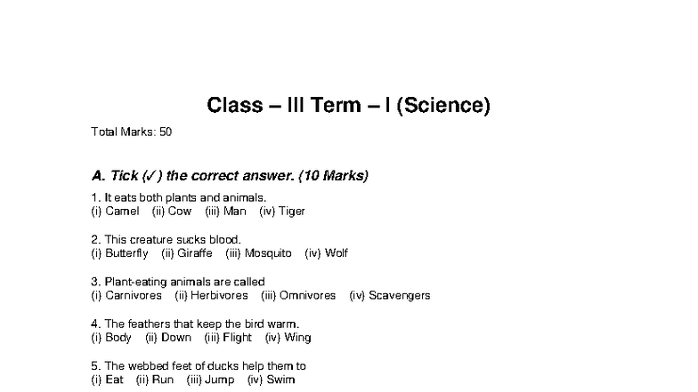 Class III Science Term I Question Paper (Total Marks: 50) - Studocu