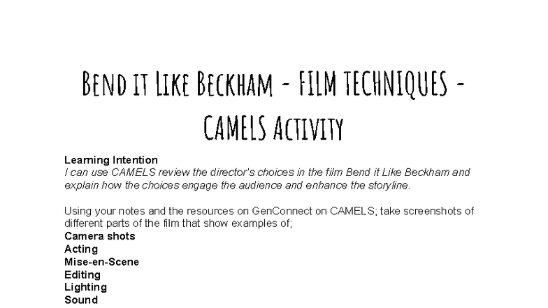 Bend it Like Beckham: CAMELS Film Techniques Analysis Activity - Studocu