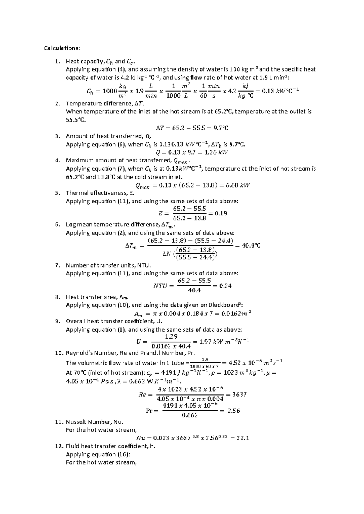 Calculations for Heat Exchanger: Cℎ, C𝑐, Q, and Thermal Effectiveness ...