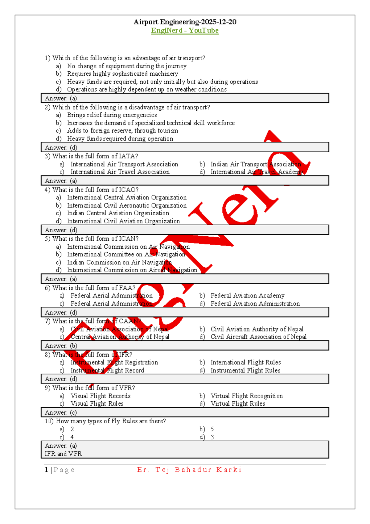 Airport Engineering (ENGR 101) MCQ Study Guide - Studocu