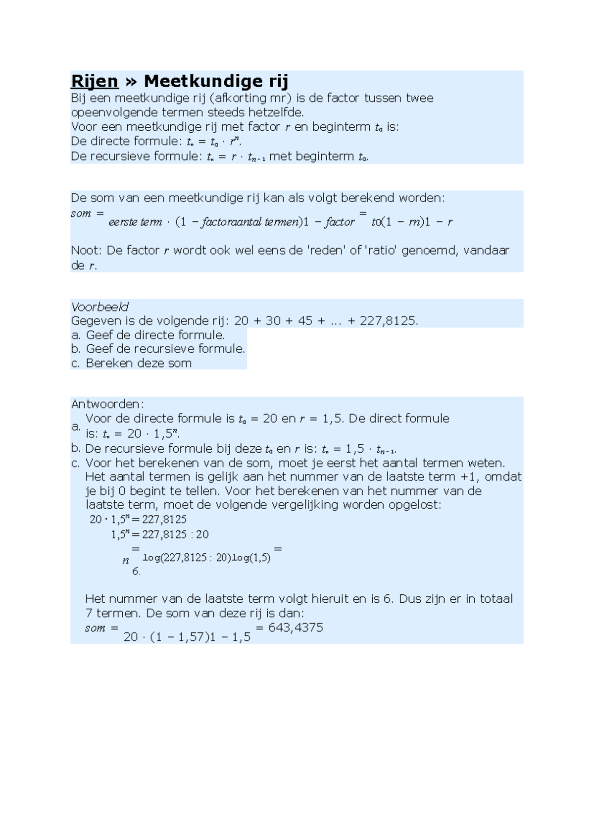 Meetkundige Rijen en Recursie Formules - Wiskunde Les Notes - Studeersnel
