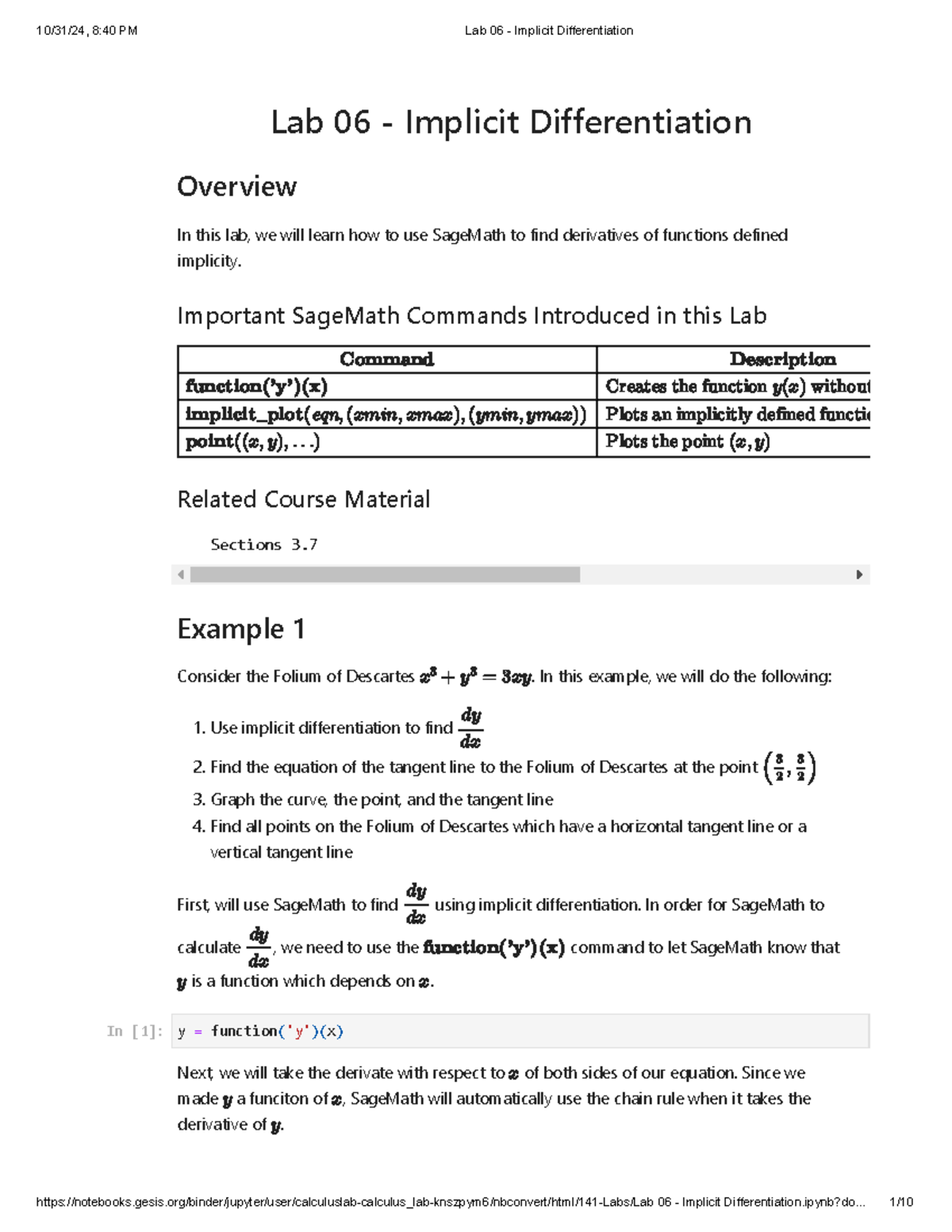 Lab 06 - Implicit Differentiation with SageMath Solutions - Studocu