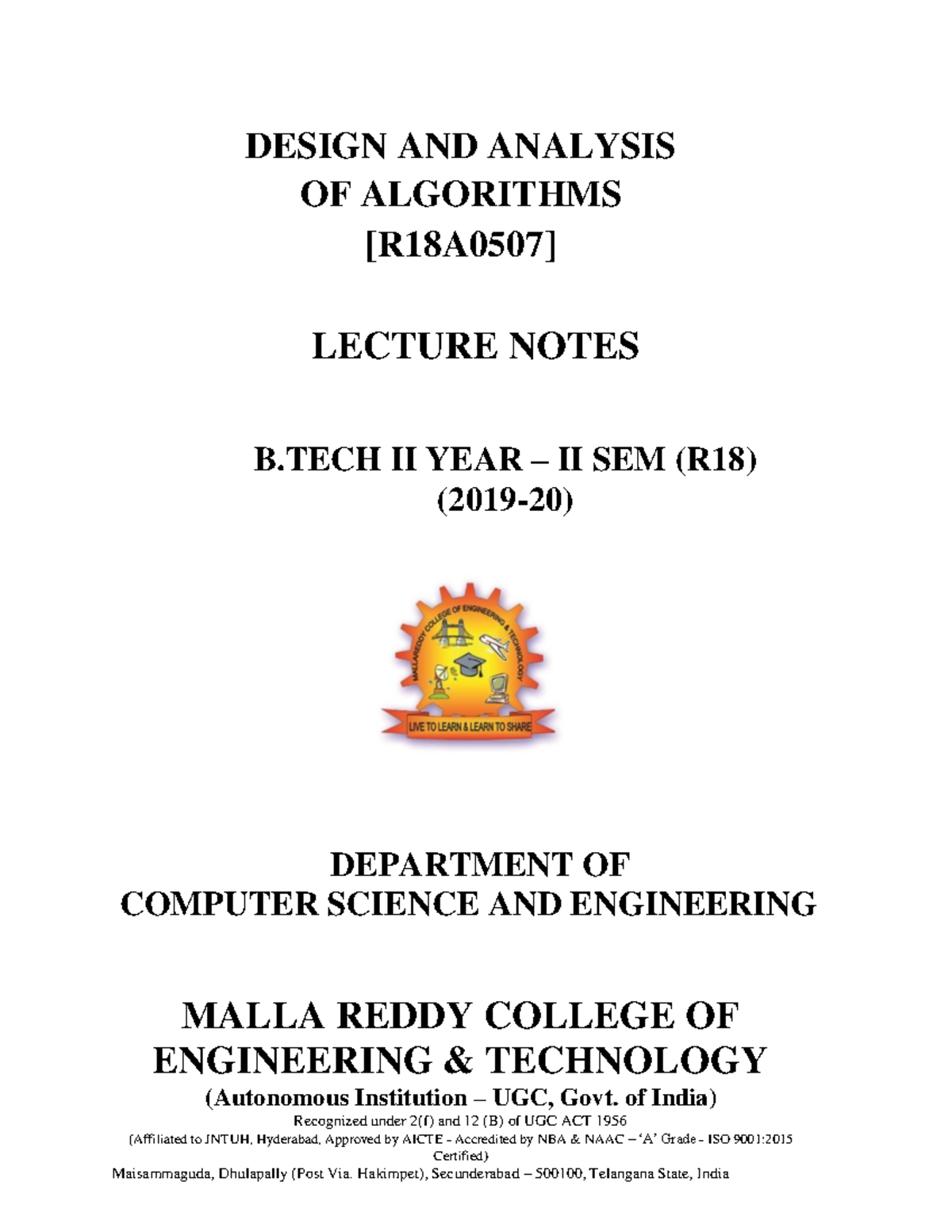 Daa Design and Analysis of Algorithms Lecture Notes R18 - Studocu