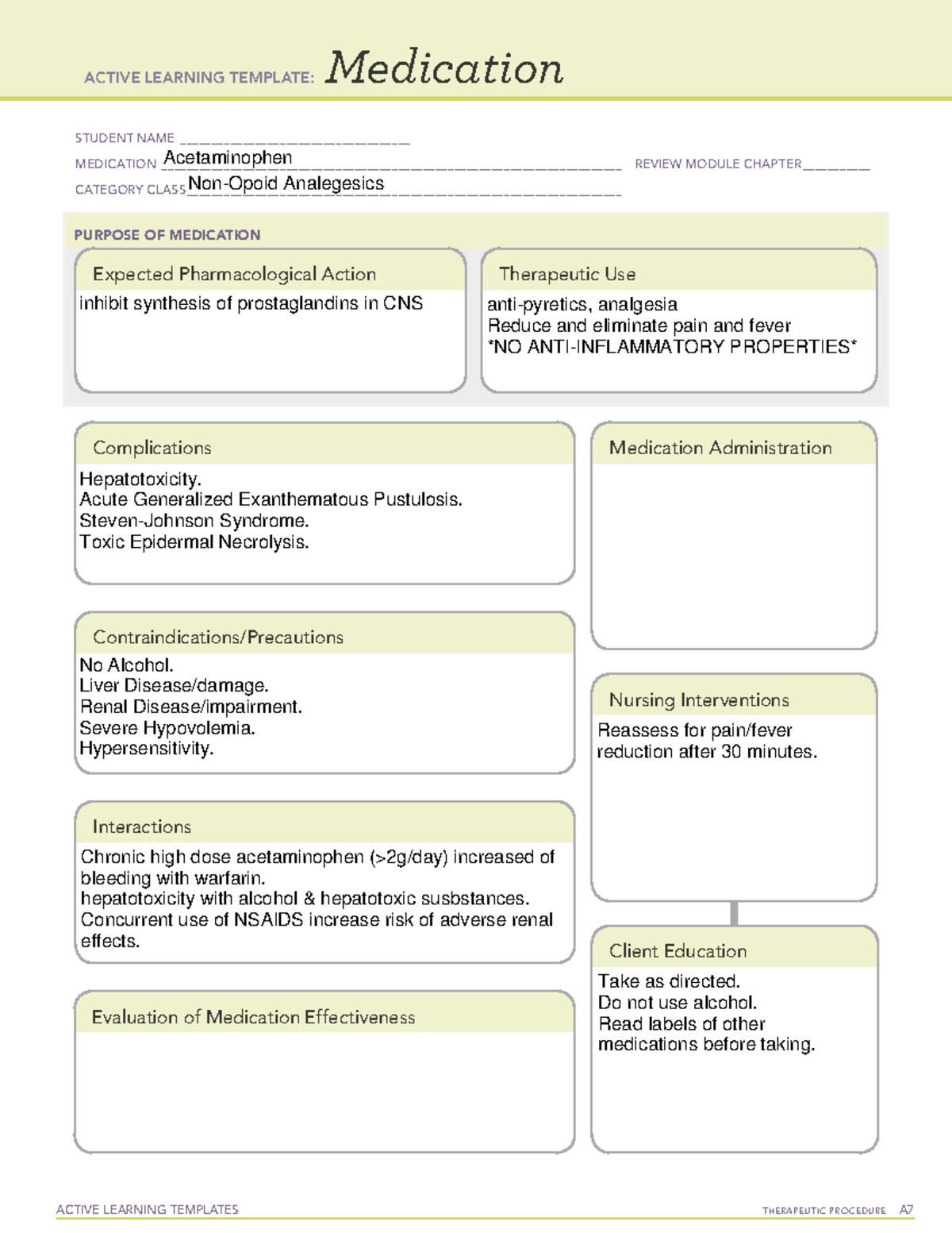 Acetaminophen - ATI Med Template for Nursing Students - Studocu