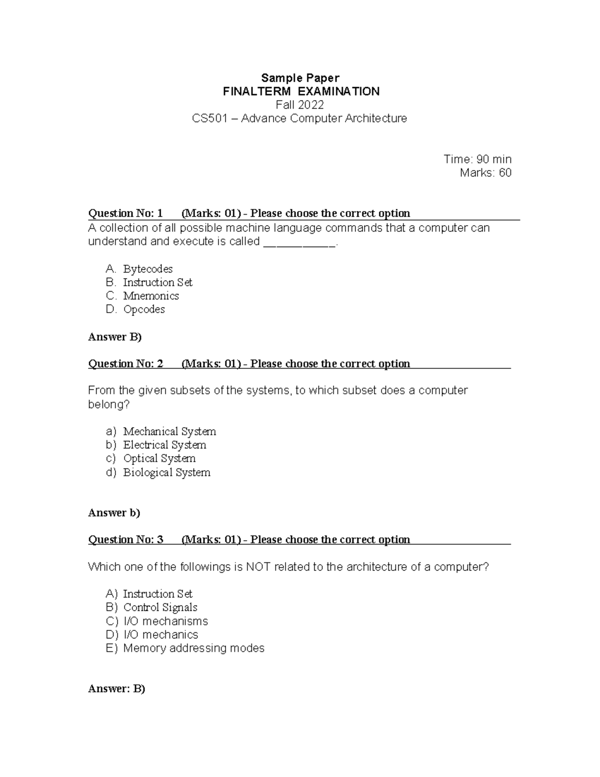 Sample Paper CS501 - Final Term Examination Fall 2022 - Studocu