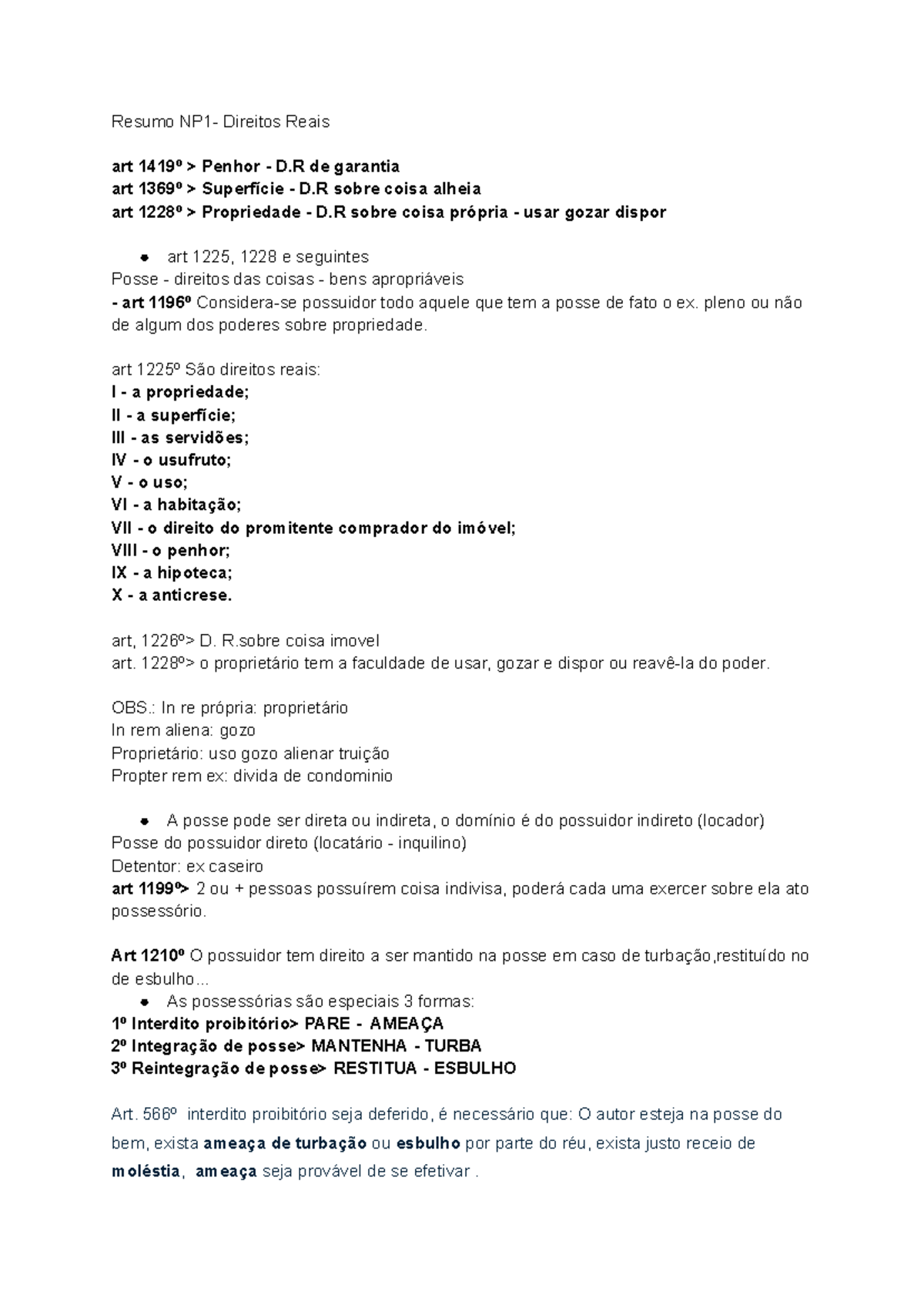 Resumo NP1- Direitos Reais - Resumo NP1- Direitos Reais art 1419º ...