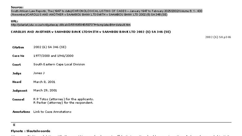 Carolus & Another v Saambou Bank Ltd: Case Analysis (2002) 6 SA 346 (SE ...