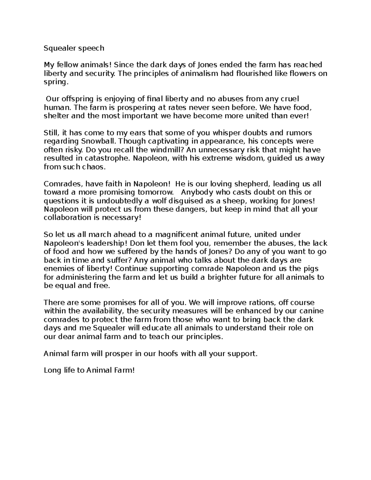 Animal Farm Squealer Speech