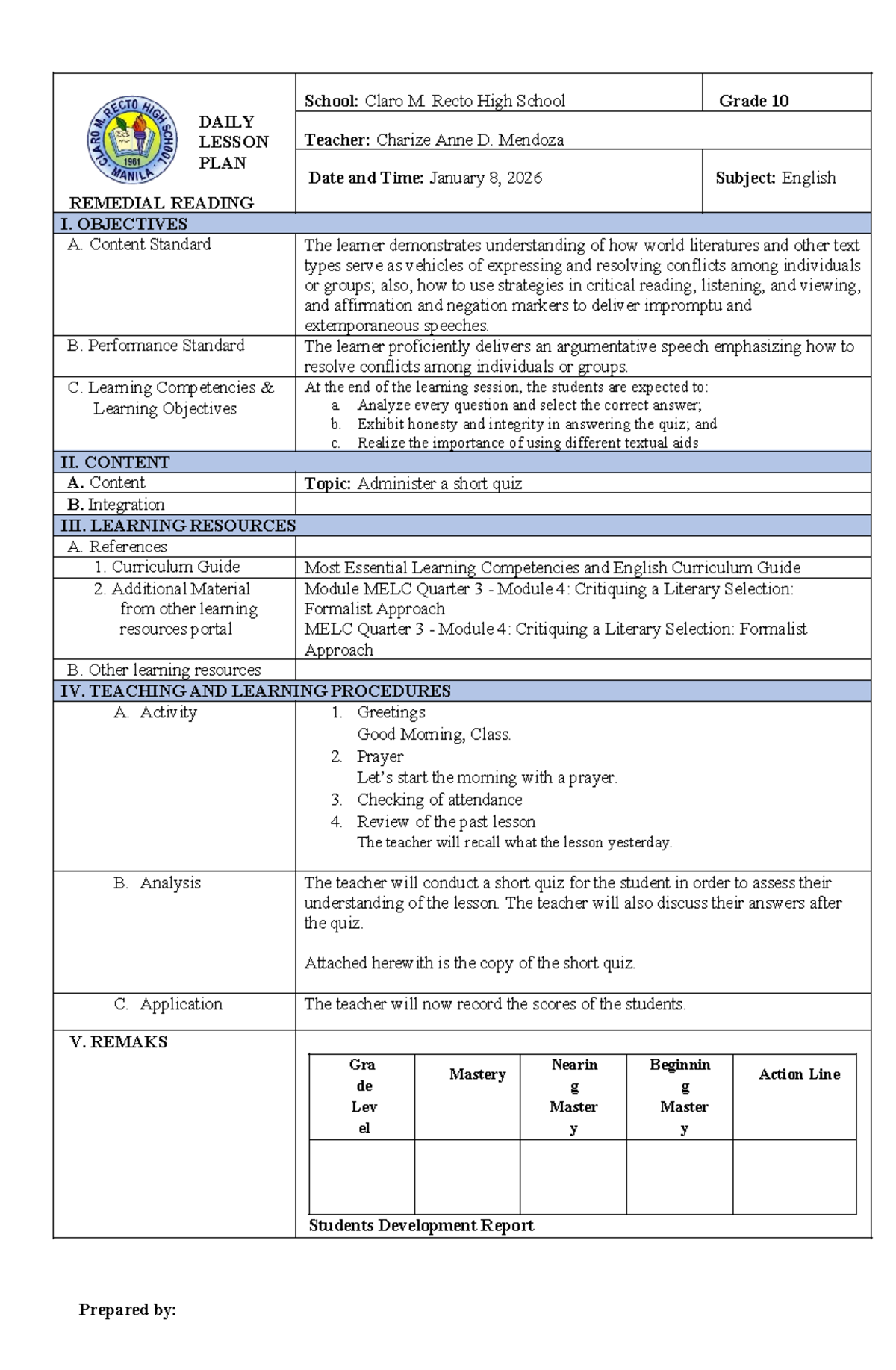 DAILY LESSON PLAN: REMEDIAL READING I (PHIL-IRI) - Studocu
